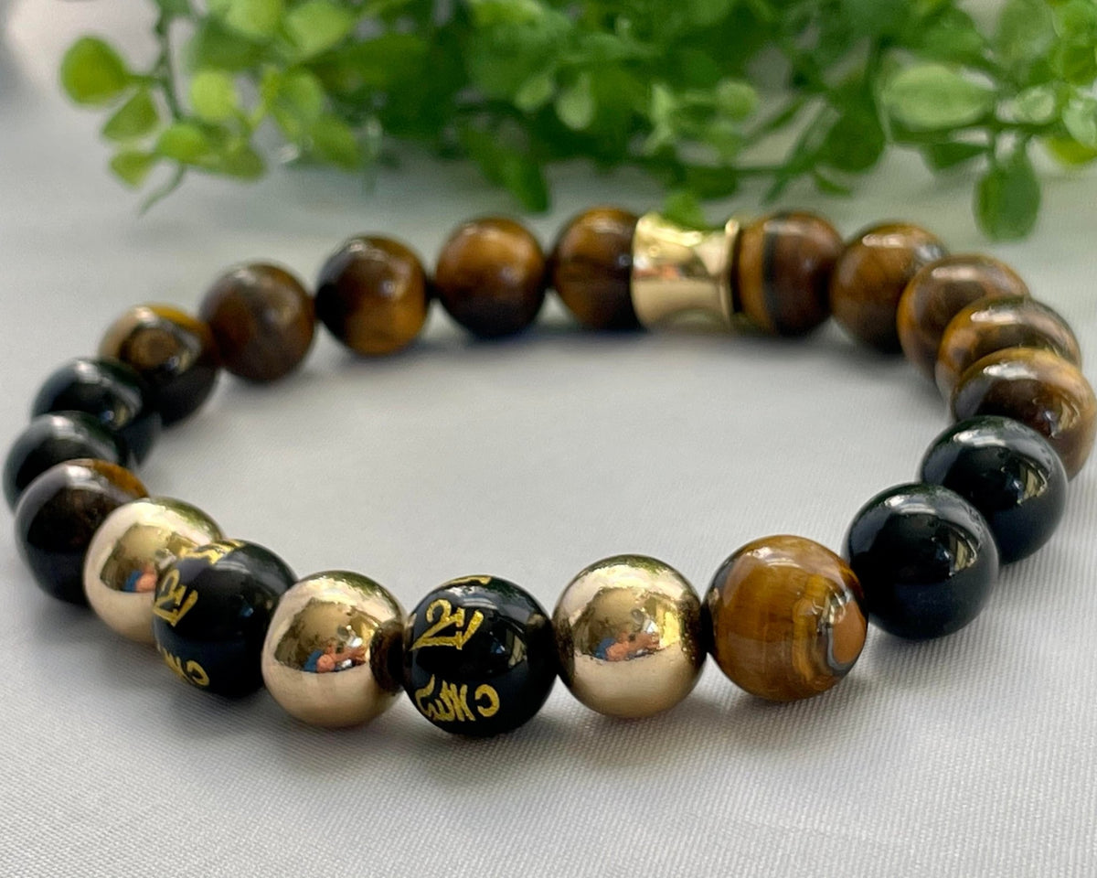 Om Mani Padme Hum Black Obsidian Gold Hematite Brown Tiger Eye 10 m CYR S CREATIONS